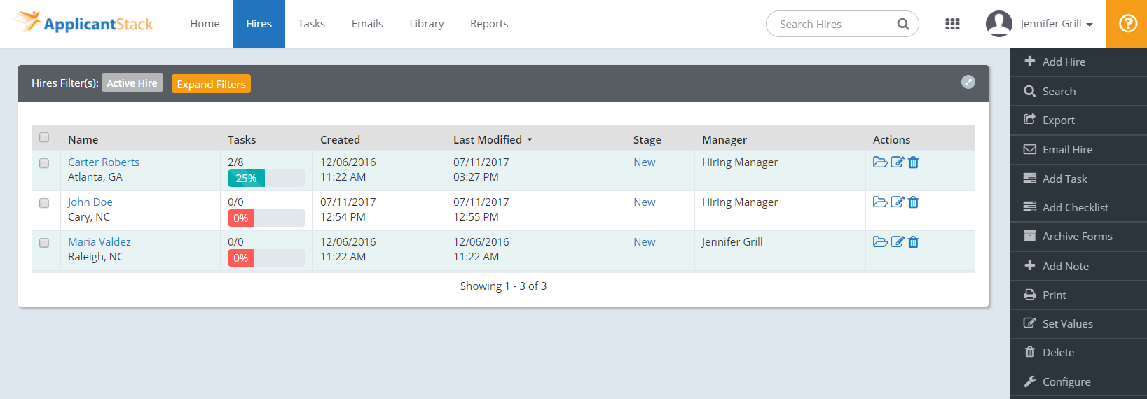 Hires Tab in ApplicantStack Onboard