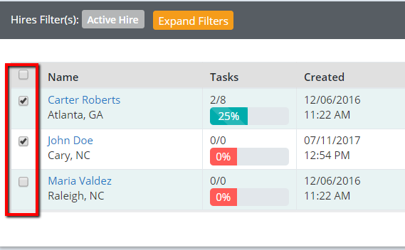 Hires Tab in ApplicantStack Onboard