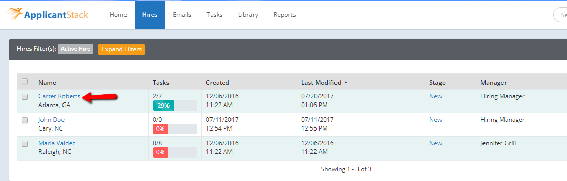 Hire Detail Page in ApplicantStack Onboard