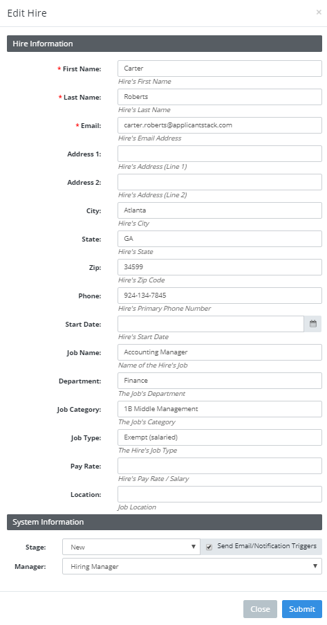 Hire Detail Page in ApplicantStack Onboard
