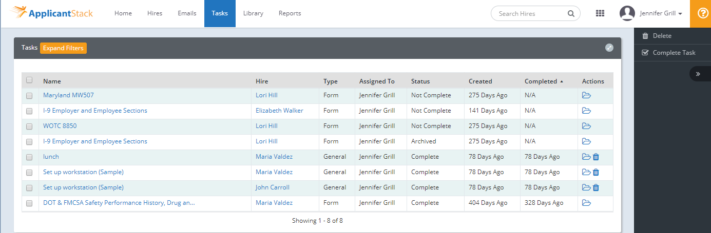 Task Tab in ApplicantStack Onboard