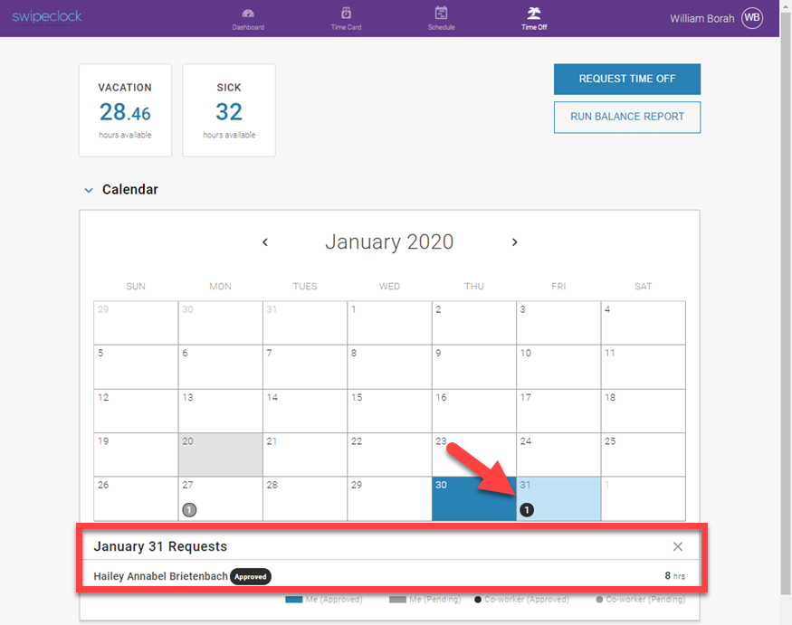 Coworker Time Off Calendar