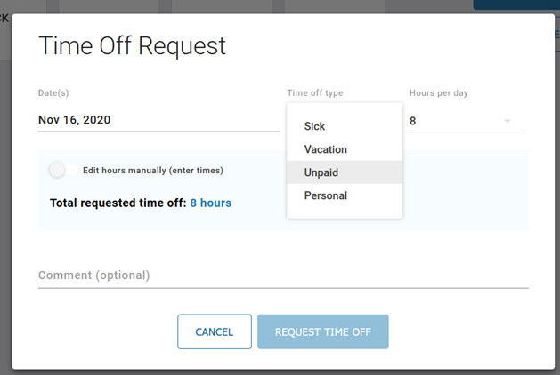 WFH - Unpaid Time Off Setup