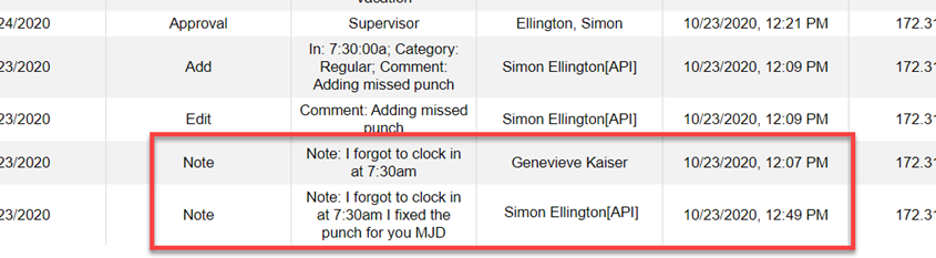 Time Card Audit Log Report
